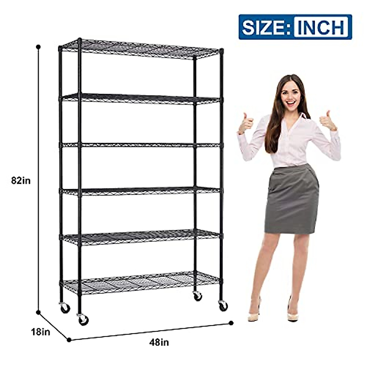 Hudada Garage Shelving 48 inch L×18 inch W×82 inch H Wire Shelving with Wheels Metal Storage Shelves Heavy Duty 6 Tier Adjustable Shelving with Casters for Restaurant Pantry Kitchen Rack - Black