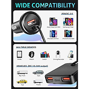 USB C Car Charger，SUMKUMY 74W Fast Car Phone Charger PD&QC3.0 with 6.5ft Cable for Back Seat Charging，4 Multi Ports Cigarette Lighter Adapter for iPhone 13/12/11，Samsung Galaxy S22/21，Google Pixel