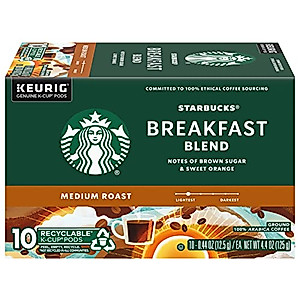 Starbucks Coffee K-Cup Pods, Breakfast Blend Medium Roast, Ground Coffee K-Cup Pods for Keurig Brewing System, 10 CT K-Cup Pods Per Box (Pack of 2 Boxes)