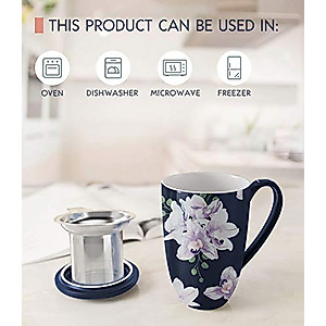 immaculife Tea Cup with Infuser and Lid for Steeping Loose Leaf Tea Bag Coffee Milk Women Office Home Gift 16oz Navy Floral Print