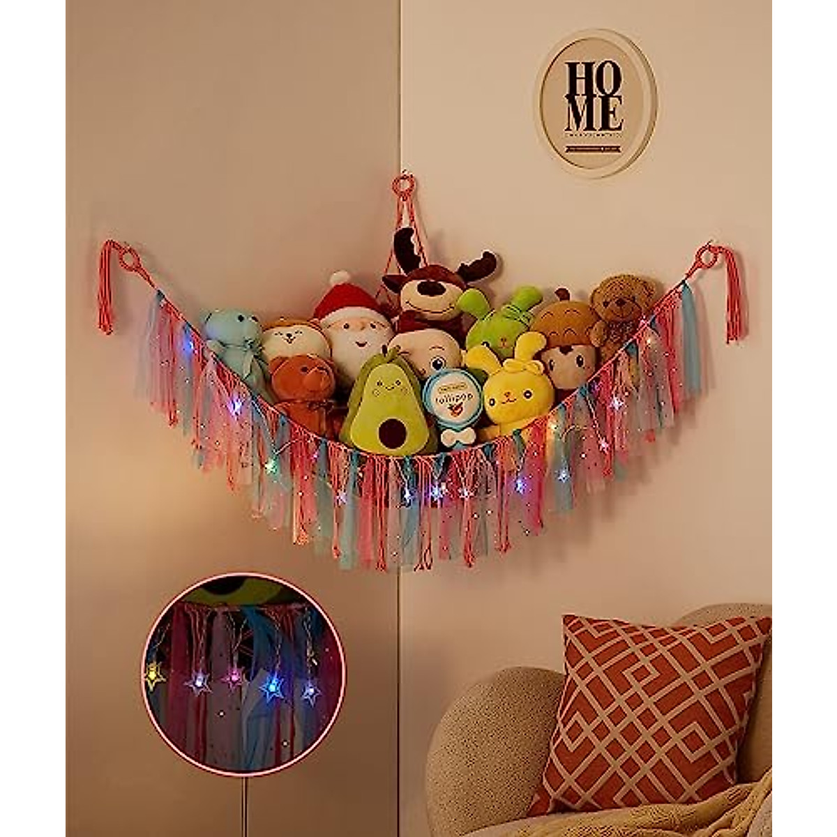 Kopduki 59 in Stuffed Animal Hammock with Stars-Light, Stuffed Animal Storage, Teddy Bear Hammock with Tassel & Hooks for Nursery Room, Corner Mesh Toy Hammock for Stuffed Animals for Playroom