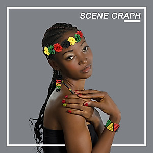 Jexine 4 Pieces Multicolor Beaded Jamaican Bracelet Wood Dangle Pierced Earrings Floral Flower Crown Stretch Headband Rasta Beads Necklace