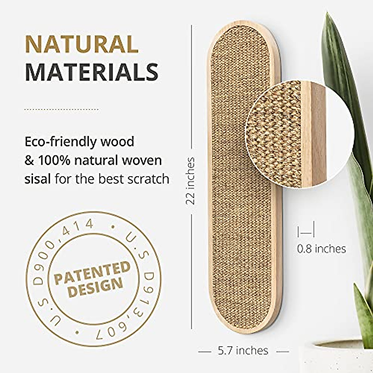 7 Ruby Road Wall Mounted Cat Scratching Post - Wall Mount Wooden Sisal Cat Scratcher - Vertical Scratch Pad for Indoor Cats or Kittens - Cute Modern Cat Wall Furniture (22 x 5.7 inches)