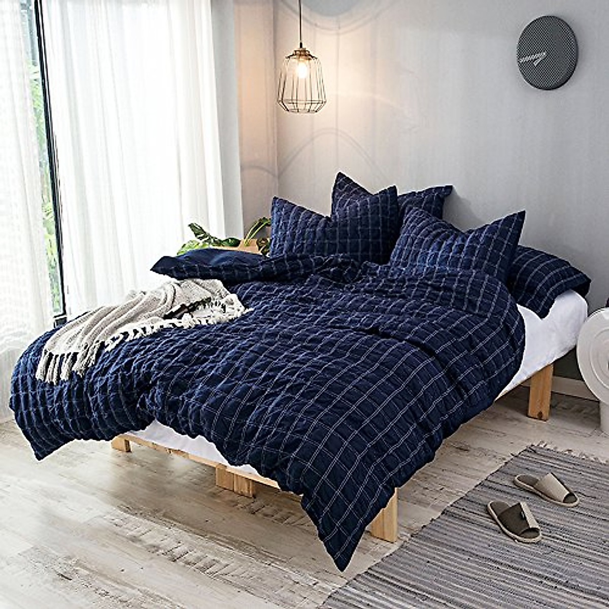 Merryfeel Seersucker Duvet Cover Set King,100% Cotton Yarn Dyed Seersucker Woven Check Bedding Set,3 Pieces(1 Duvet Cover with 2 Pillowshams),Navy Color King