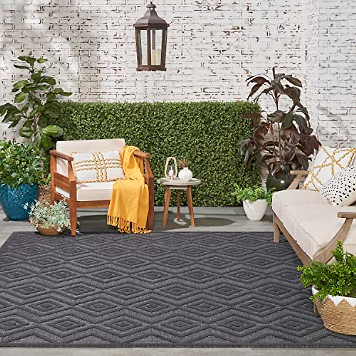 Nourison Versatile Indoor/Outdoor Charcoal/Black 7' x 10' Area-Rug, Easy-Cleaning, Non Shedding, Bed Room, Living Room, Dining Room, Kitchen (7x10)