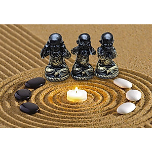 Zen Garden Meditation Garden 3 Buddha See, Speak, Hear No Evil Statues, Incense Holder, Incense, 2 Tea Light Holders, Rocks, Sand, Rake (Candles Not Included)