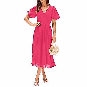 MEROKEETY Summer Dress for Women 2023 Wrap V Neck Bubble Sleeve Pleated Party Midi Dresses,HotPink,S