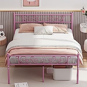 Elephance Full Size Bed Frame with Headboard and Footboard, Metal Platform Bed Frame with 14 Inch Storage Space No Box Spring Needed Easy Assembly for Adult Pink