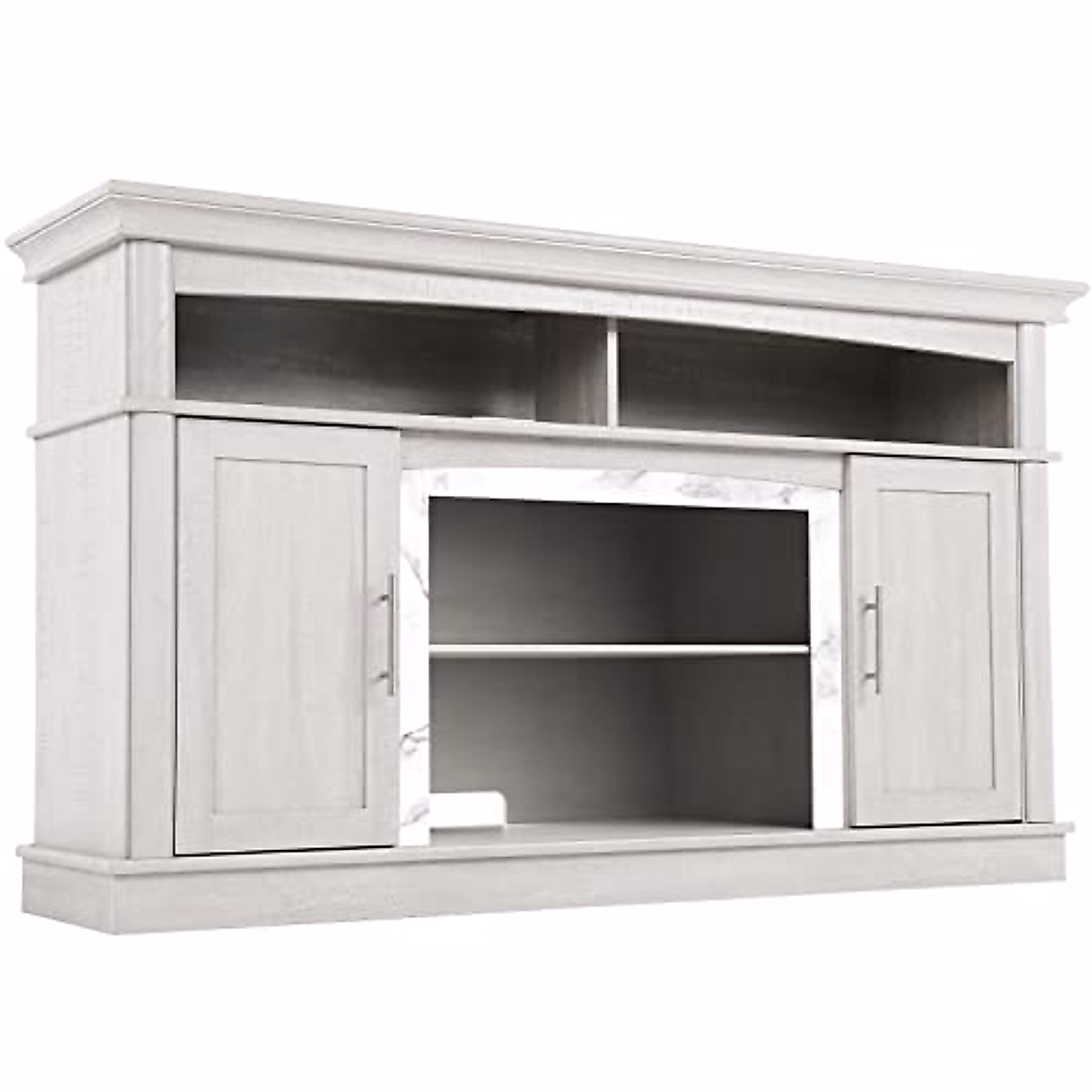 LGHM 58" TV Stand, Entertainment Center for 65 inch TV with Faux Marble Finish, Farmhouse White with Open Storage Shelves and Cabinets for Living Room, Bedroom