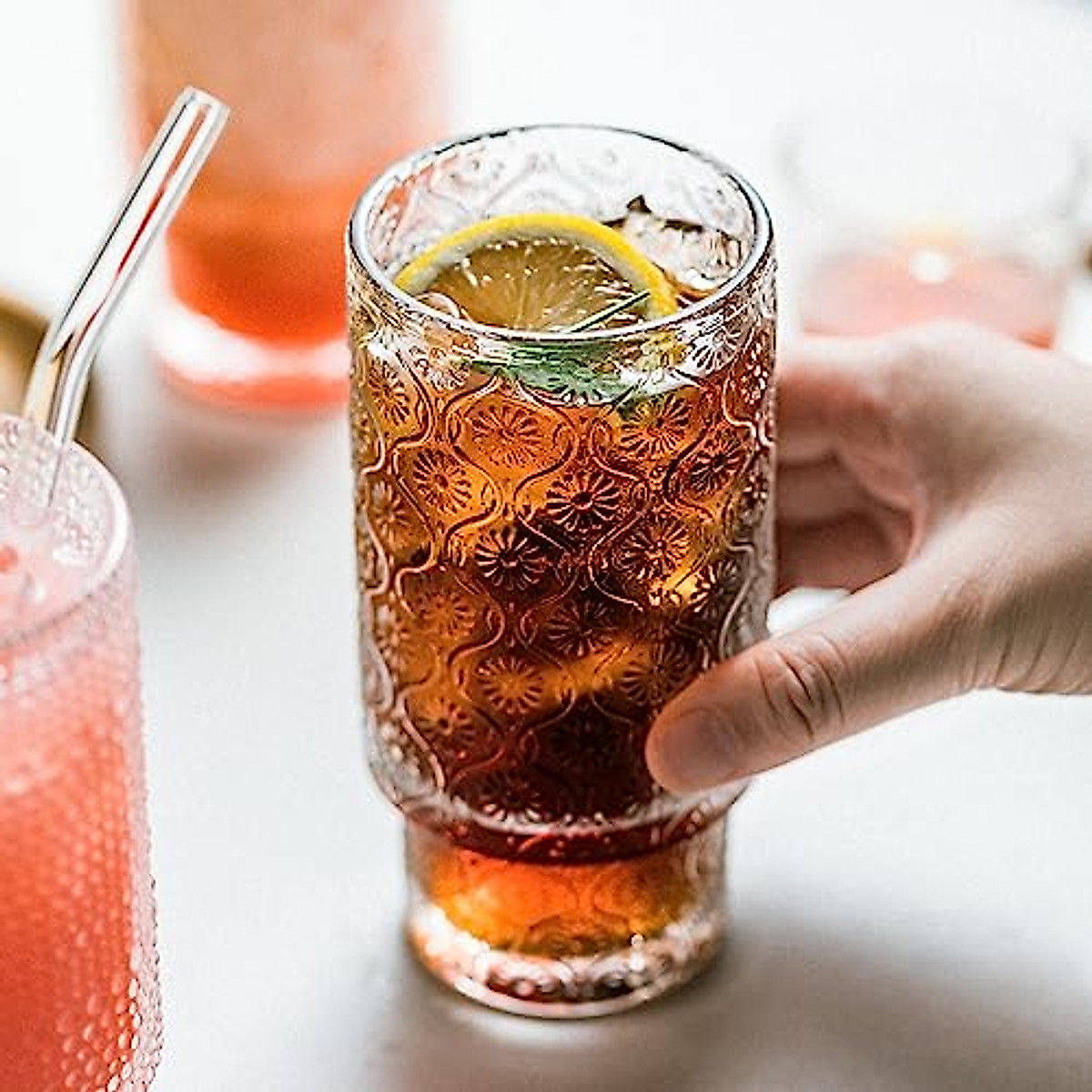 Glass Cups Vintage Glassware | Set of 4 Large, Embossed Stackable Pattern Style Transparent Cocktail Glasses Set, Ice Coffee Cup Juice Drinkware, Clear, 310ml (L)