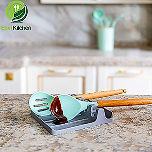 ENVIKITCHEN Silicone Spoon Rest - Large Cooking Utensil Holder with Drip Pad Walls - Multiple Spoon Rest with Wider Slots for Bigger Utensils, BPA-Free Spatula Rest for Stove, Kitchen, Countertop