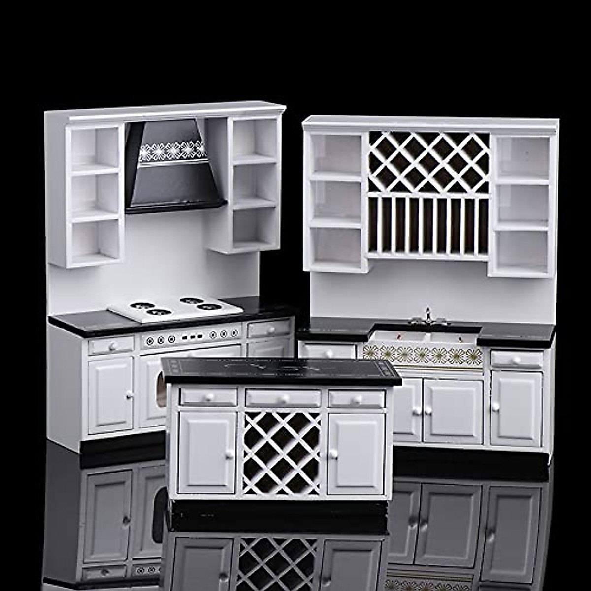 1:12 Scale Mini House Wooden Furniture Miniature Kitchen Cabinet Mini Bar Counter Furniture Set (White and Black)