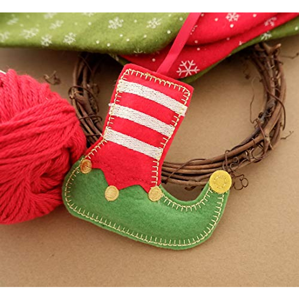 Christmas Ornaments - Set of 6 Plush Felt Handmade Hanging Decorations in Santa, Gingerbread Man, Mitten, Elf Shoe, Ugly Sweater, Stocking Design for Trees and Advent Calendars - Approx. 3.5" Each