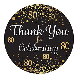 Black and Gold 80th Birthday Party Thank You Stickers - 1.75 in - 40 Labels