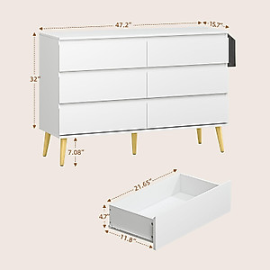 TJYGO White Dresser with Charging Station, Modern Chest 6 Drawers, Clothing Organizer with Wide Storage Space, Storage Cabinet for Living Room, Bedroom, Closet, Hallway