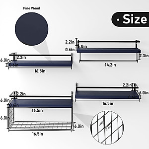 LUDORU Wood Floating Shelves Wall Mounted - 4+1 Tier Rustic Bathroom Wall Shelves Over Toilet with Wire Storage Basket and Towel Bar, set of 4 Farmhouse Floating Shelf for Bathroom, Kitchen,Navy Blue.