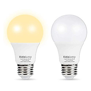 Dusk to Dawn Light Bulb Outdoor - 2 Pack LED Sensor Light Bulb Automatic Light Sensing, 6W 40 Watt Equivalent Warm White 2700K Standard Base, Indoor Outdoor Porch Patio Front Door Yard Lighting