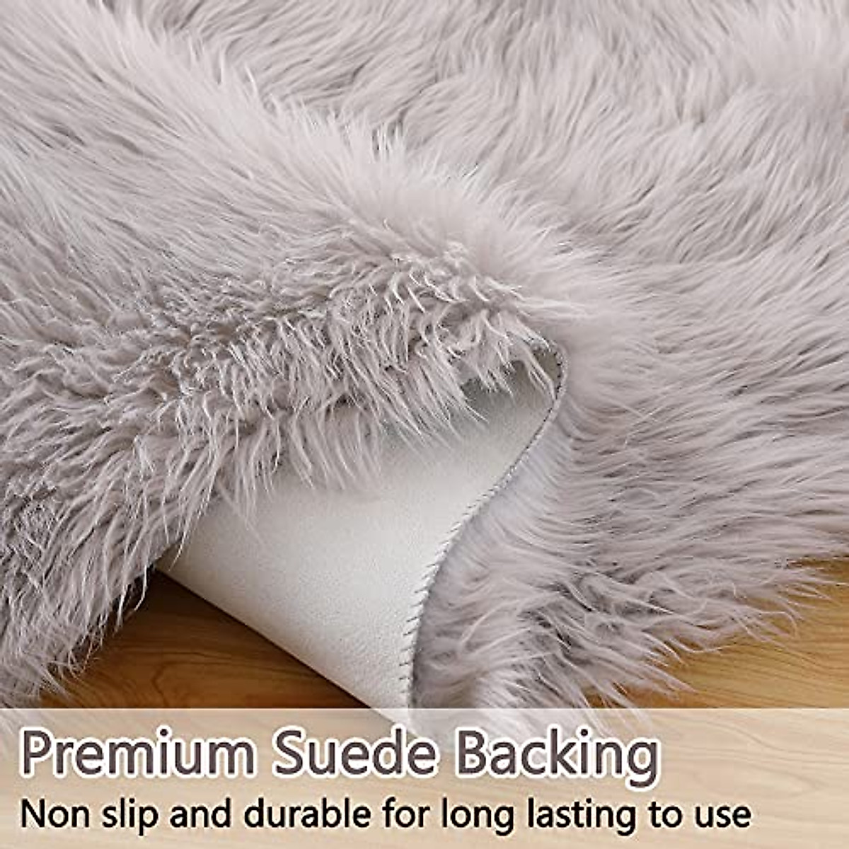 CAROMIO Shaggy Soft Faux Sheepskin Fur Area Rugs Floor Mat Luxury Beside Carpet Decorative Plush Shag Furry Carpet for Bedroom Living Room Floor, Grey, 4 x 6 Feet, Rectangle