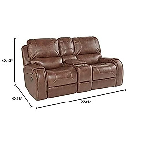 Roundhill Furniture Achern Brown Leather-Air Nailhead Manual Reclining Loveseat with Storage Console