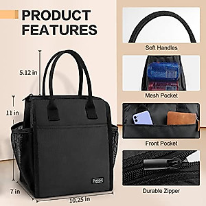 Fmeida Lunch Tote Bag, Insulated Lunch Bag Women, Leakproof Womens Lunch Bag, Thermal Adult Lunchbag with Large Side Pockets, Reusable Black Lunch Bag for Office Work Travel Picnic