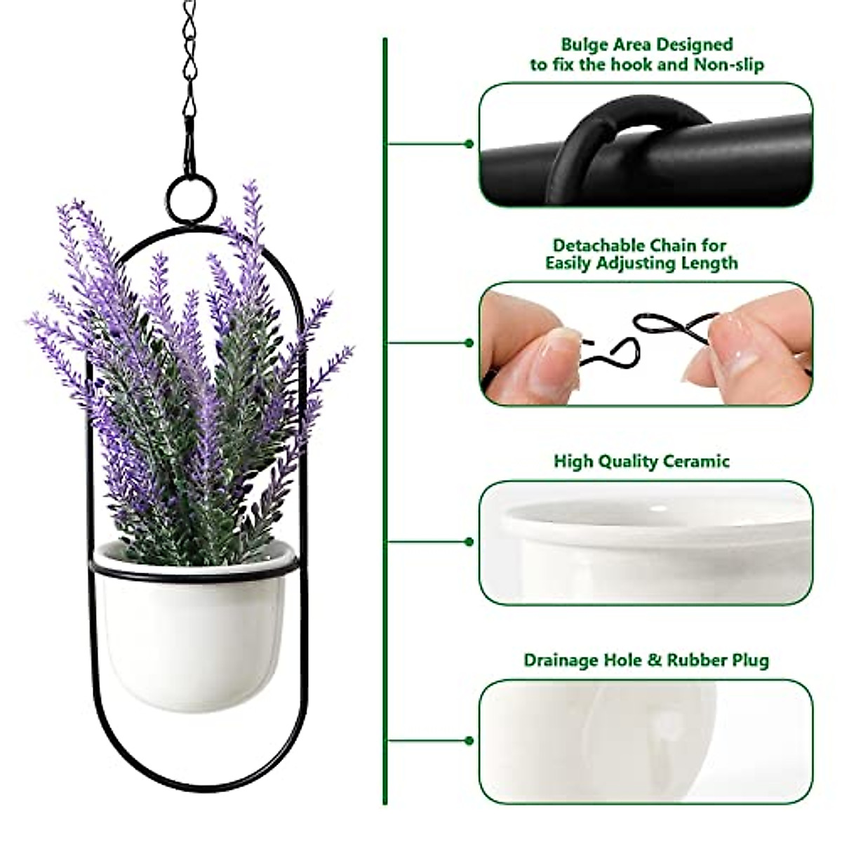 Hanging Planters for Indoor Plants Holder - Window Plant Hanger Indoor with 3 Ceramic Pots Wall Ceiling Home Office Outdoor Herb Garden Decor