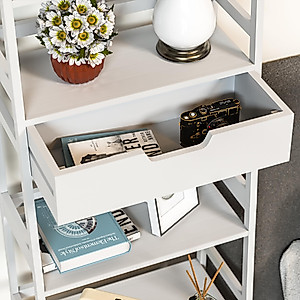 Bookshelf with Drawer, 5 Tiers Bamboo Bookcase Book Shelf Storage Organizer Modern ladder Shelf Display Stand Shelving Unit Tall Book Shelf Corner Rack for Home Office,Living Room,Kitchen,Bedroom,Toy