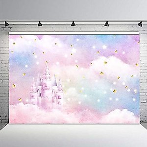 MEHOFOND Pastel Rainbow Watercolor Photo Studio Booth Background Props Gold Stars Cloud Castle Princess Magical Girl Happy Birthday Party Decorations Bokeh Banner Backdrops for Photography 7x5ft