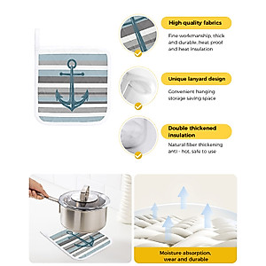 Pot Holder Set of 2 Coastal Nautical Anchor Potholder Heat Proof Non-Slip Pot Holders,Blue Grey Stripe Hot Pads Potholders for Kitchen Cooking Baking BBQ
