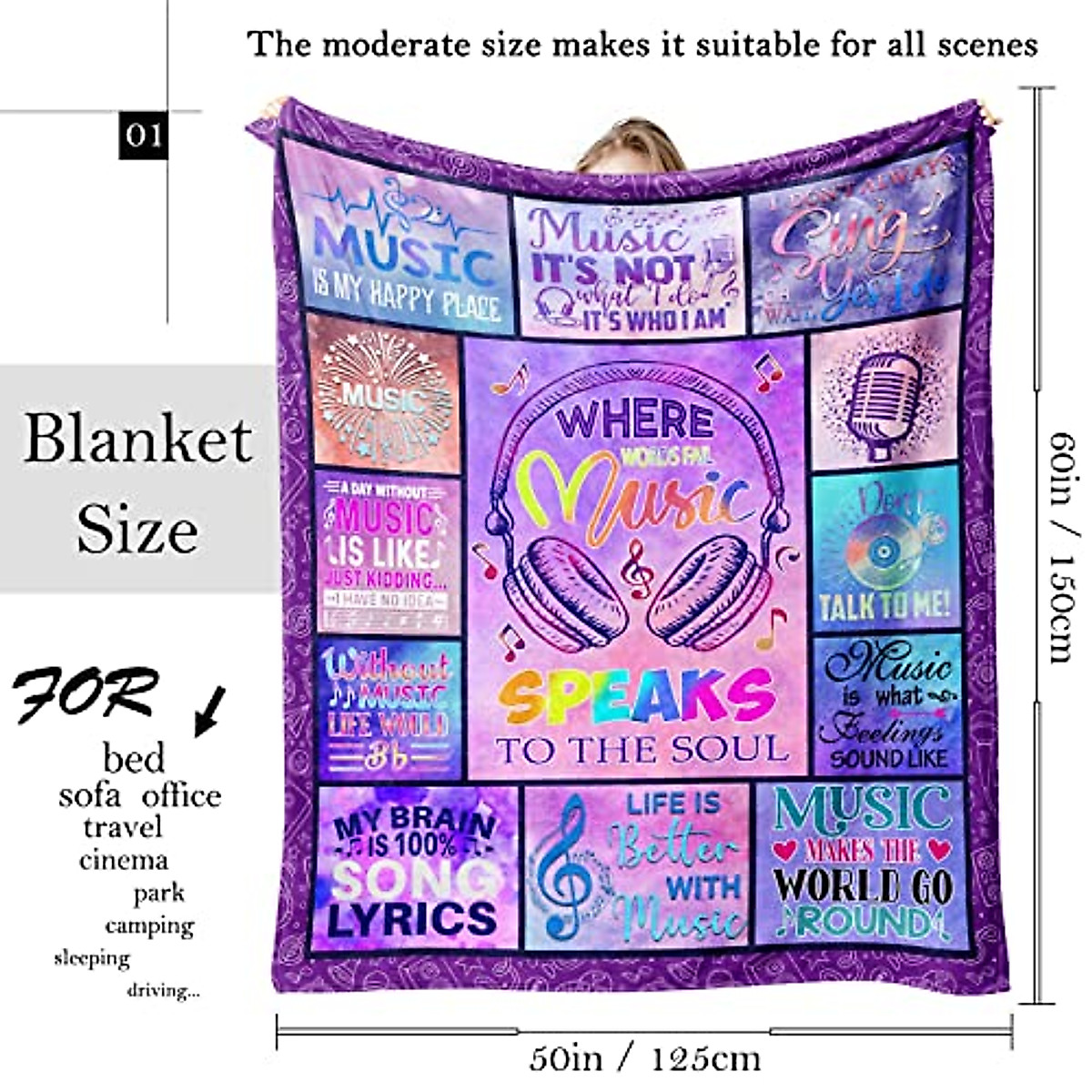 QUWOGY Music Gifts for Women/Kids/Teens/Girls Blanket 60"x50", Birthday Gifts for Music Lovers, Music Teacher Gifts Throw Blankets, Best Music Themed Gifts, Unique Gifts for Kids Who Love Music