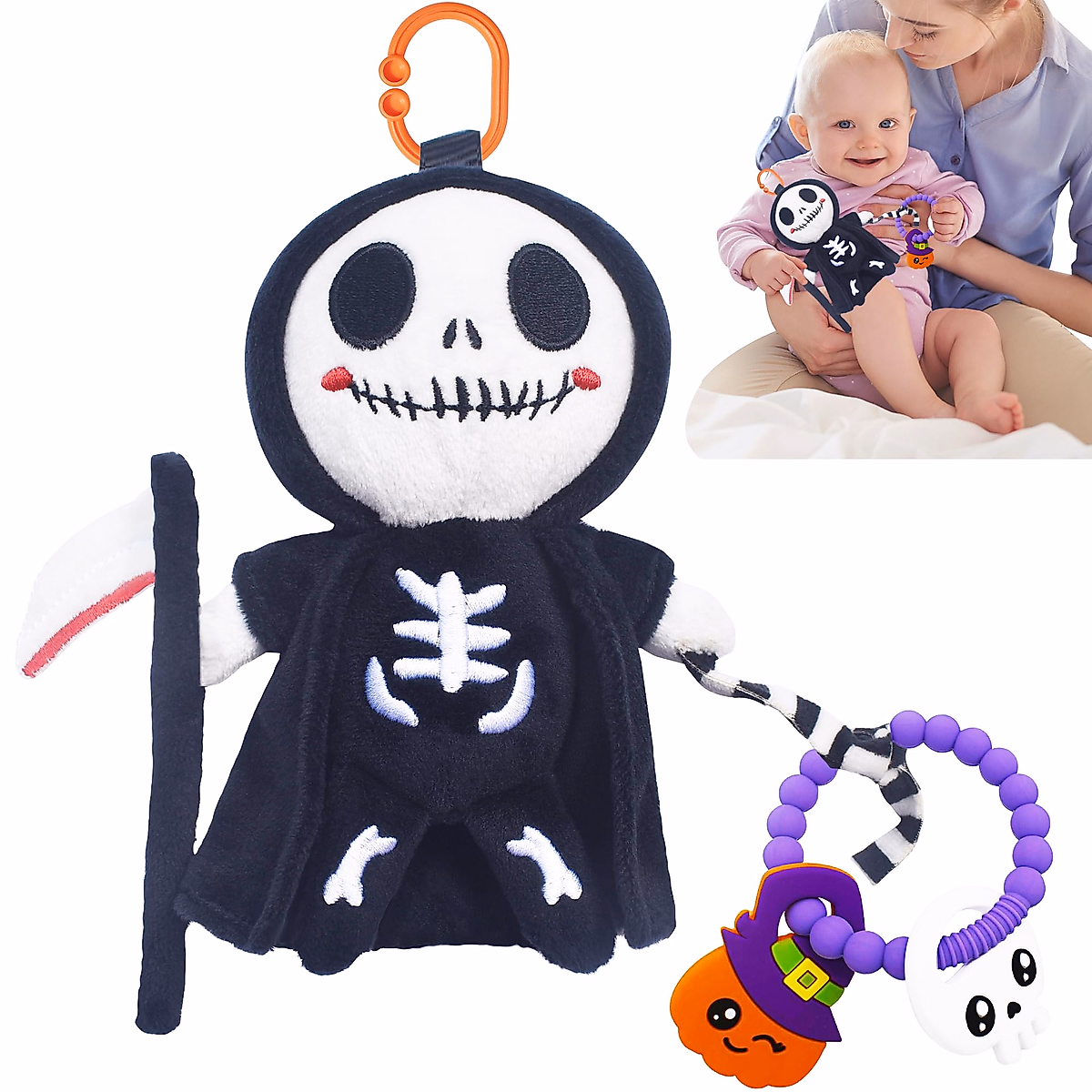 Pumpkin Teether Toy Baby Halloween Teething Ring Nightmare Before Christmas Grim Reaper Plush Stuffed Teething Toy Gothic
