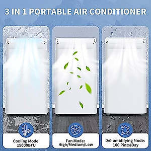 DENBIG Portable Air Conditioner, 15,000 BTU Portable AC Unit with Built-in Dehumidifier and Multi-speed Fan for Room up to 500-700 Sq. Ft, Remote Control, 24-Hour Timer, and Installation Kit, White