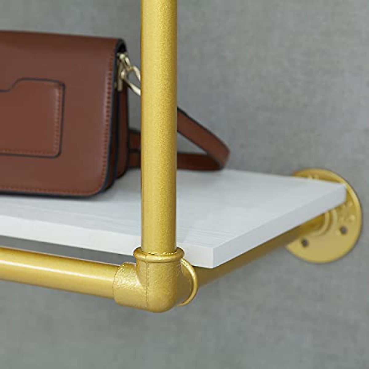 CIVANA Industrial Pipe Clothing Rack Wall Mounted Garment Hanging Bar Retail Display Rack with 3 Tiers Wood Vintage Multi-Purpose Clothes Storage Hanger(Glod, 110'' L)