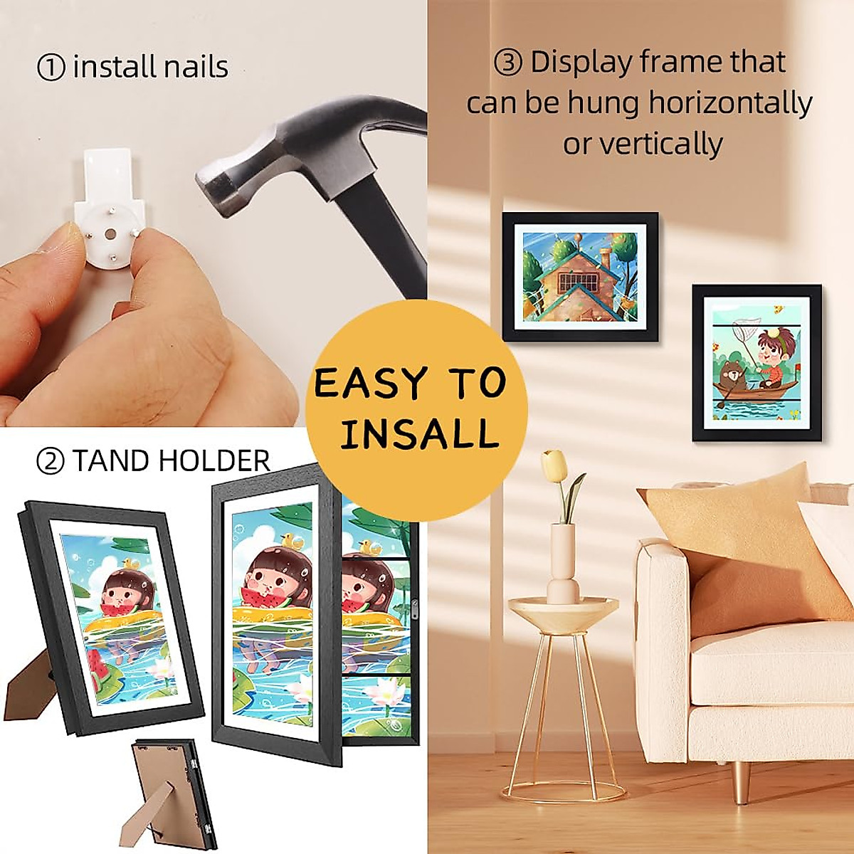 SEONHOKEEN 2 Pack Kids Art Frames, Kids Artwork Frames Changeable Front Opening Kids' Picture Frames for Kids Art Display (BLACK)