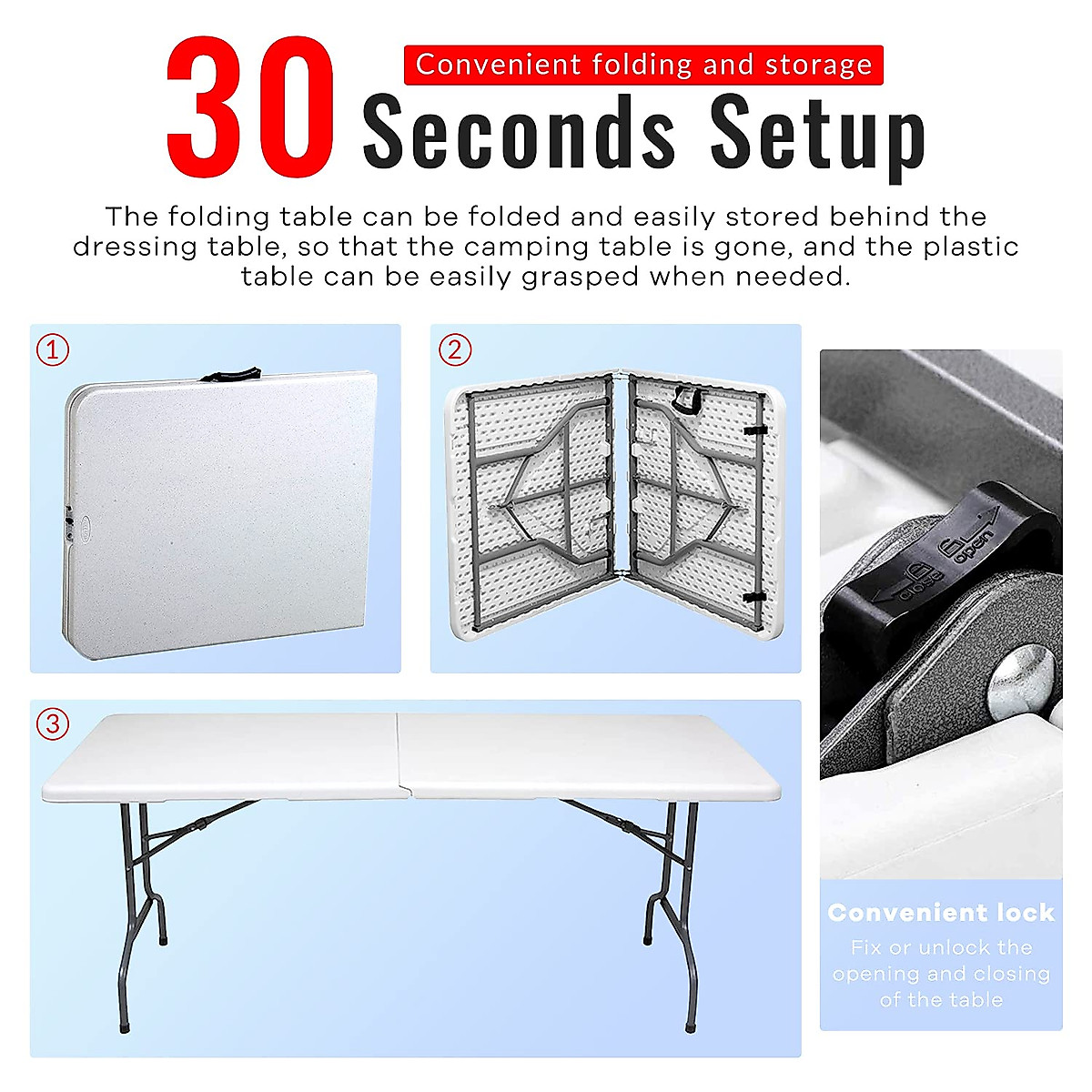 MGHH Folding Table 6ft Plastic Table Camping Table Foldable Adjustable for Picnic,Camping,Kitchen, Party Outdoor Indoor (White)