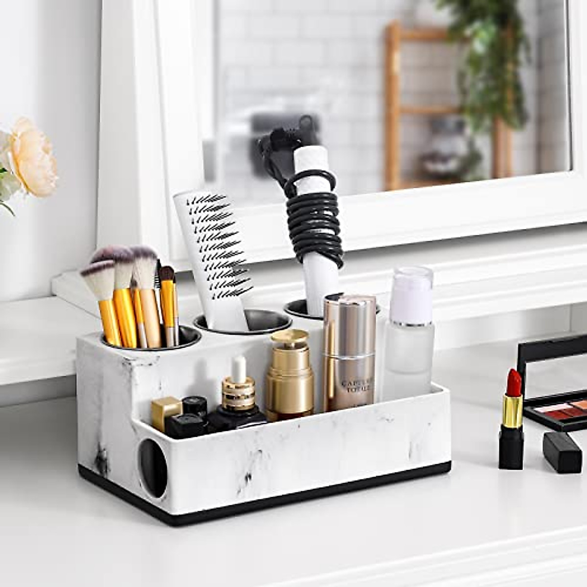 VITVITI Resin Hair Tool Organizer, Hair Dryer and Straightener Holder Countertop, Blow Dryer Holder Bathroom Organizer Storage for Vanity Makeup/Styling Tools/Curling Iron, White Marble Look