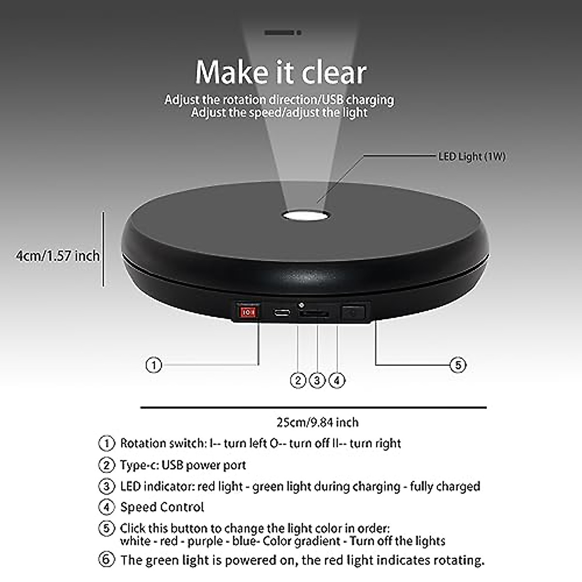 ELEGICKLIP 9.8" 44 Lb Load Rotating Display Stand with Multicolor Led Light for Cup Crystal Glass Spherical Jewelry Display Electric & Battery-Operated Platform (Black)