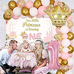 Little Princess 1st Birthday Decorations for Girls, Pink White and Gold Balloon Arch Kit, Pink 1 Balloon for First Birthday, Gold Crown Foil Balloon, Our Little Princess Is Turning One Backdrop