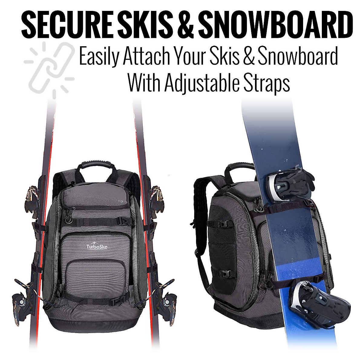 TurboSke Ski Boot Bag Backpack - 65L Waterproof Skiing Snowboarding Travel Luggage Backpack - Stores Boots Skis Snowboard Helmet Goggles Jackets Gloves & Other Accessories for Men & Women (Black)