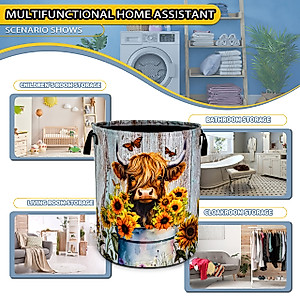 Highland Cow Sunflower Laundry Basket Animal Foldable Oxford Cloth Funny Tote Bag Laundry Hamper Clothes Storage Bucket Toy Organizer For Bathroom/Laundry Storage/Bedroom 18.9x16.5 Inch