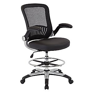 Office Star DC Series Mesh Back Drafting Chair with Adjustable Footring and Padded Flip Arms, Black Faux Leather Seat