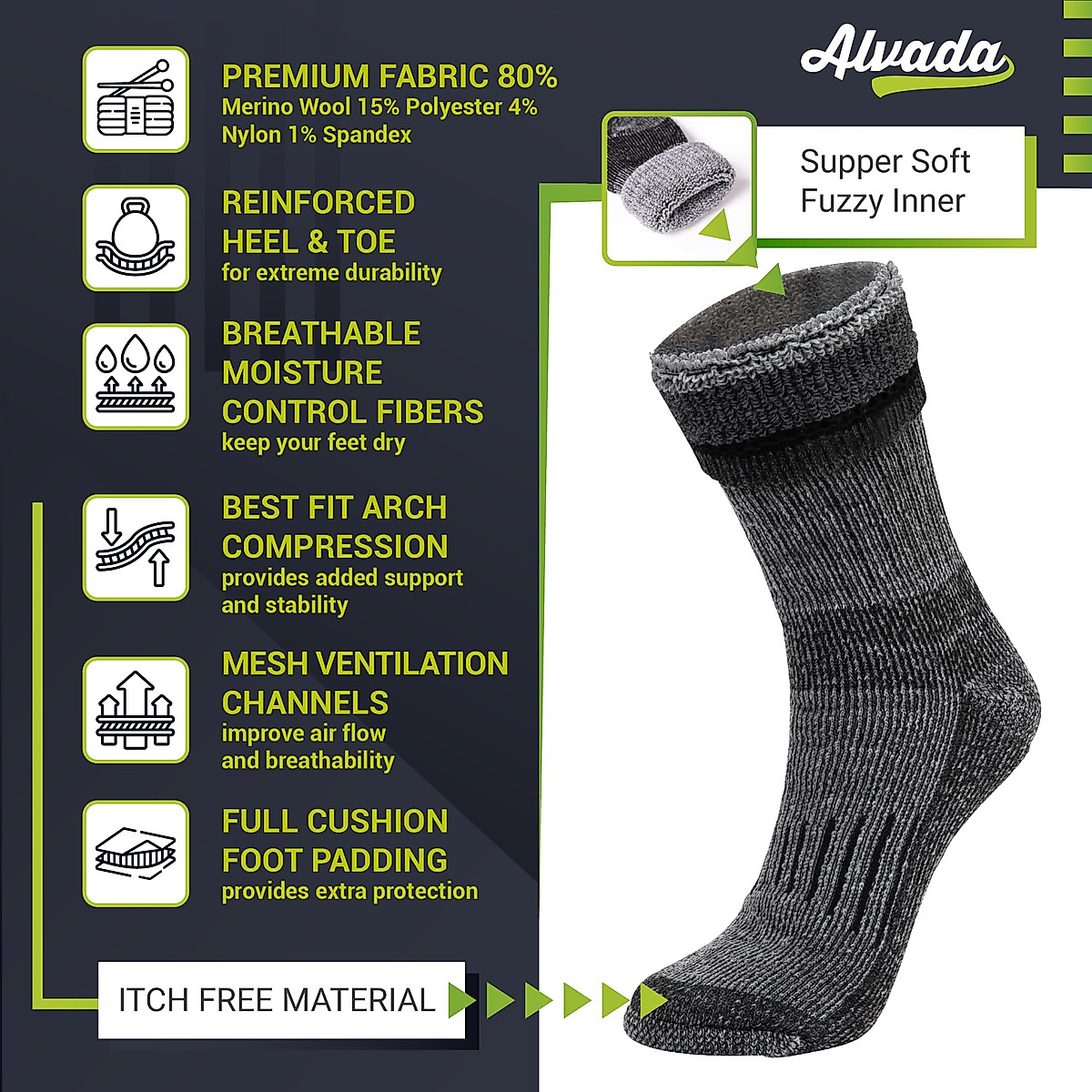 Alvada Warm Thermal Wool Socks for Winter Moisture Wicking and Breathable Cozy Boot Socks Charcoal SM