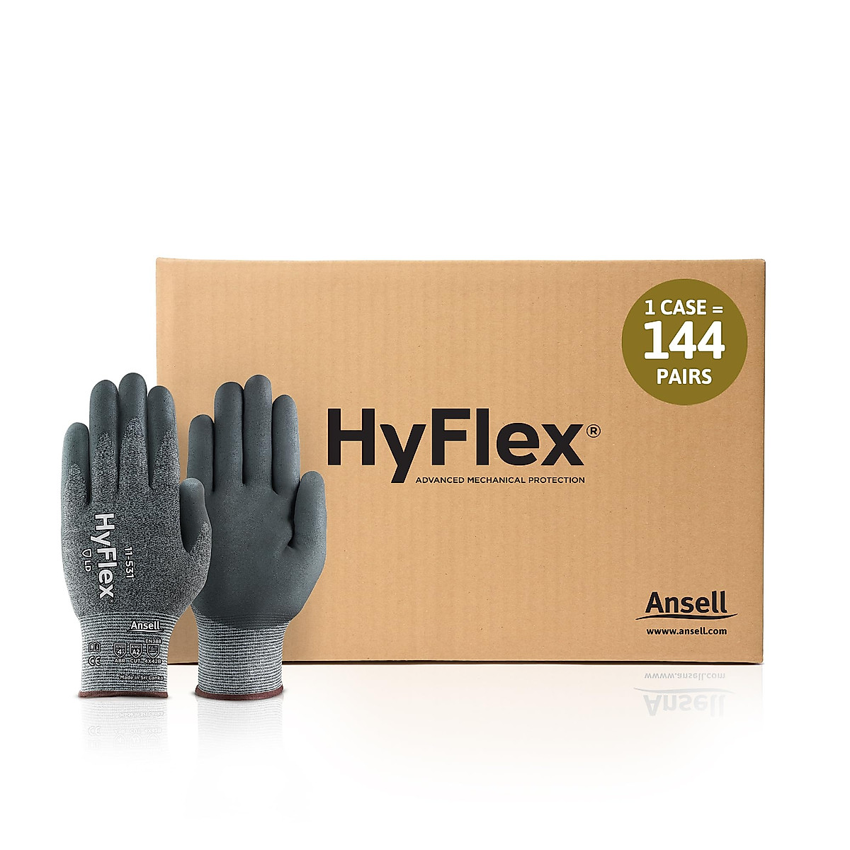 Ansell HYFLEX 11-531 Cut-Resistant Nylon Spandex Industrial Gloves w/Foam Nitrile Palm for Fabrication, Automotive - Medium (8), Grey (144 Pairs)
