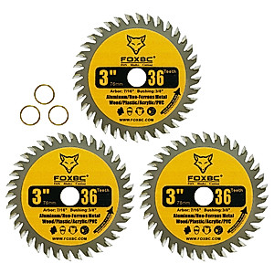 FOXBC 3 Inch Carbide Circular Saw Blade 36 Tooth for Wood, Plastic, PVC, Acrylic, Aluminum with 7/16" Arbor, 3/8" Bushing - 3 Pack