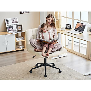 Furnimart Swivel Criss Cross Legged Chair with Wheels for Home Office, Wide Armless Desk Chair Height Adjustable Comfy Seat for Desk,Vanity, Bedroom, Faux Fur White