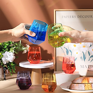 Gerrii 12 Pcs Diamond Stemless Glasses Unbreakable Plastic Wine Glasses 12 oz Reusable Whiskey Glass Stemless Drinking Glasses for Wine Cocktail and Home Dining Wedding Party Kitchen, 6 Colors
