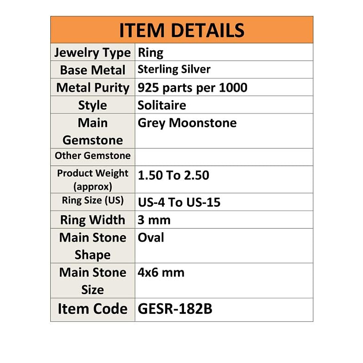 Goyal Jewels Grey Moonstone 4x6 mm Oval Shape Gemstone 925 Sterling Silver Solitaire Ring All Size Ring Beautiful Ring Hanmade Ring Jewelry GESR182B (US-9)