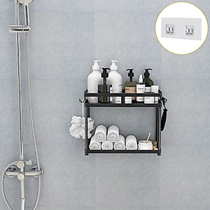 FLE Under Sink Organizer, 2 Tier Metal Under Bathroom Sink Storage Baskets with Hooks, Self Adhesive Black Under Sink Shelf Organizer for Bathroom Kitchen