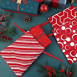 MIMIND 12 Pieces Christmas Drawstring Gift Bags Red and White Cotton Fabric Christmas Gift Bags with Drawstring 12 x 10 Inch Christmas Party Favor Bags for Christmas Party Supplies, 6 Designs
