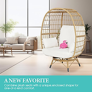 HLNPTN Patio Egg Chair Wicker Outdoor Egg Basket Chairs, Oversized Outdoor Furniture PE Rattan Patio Lounge Chair 440lb Capacity Sofa Seat with Stand & Beige Cushions for Indoor, Living Room, Backyard