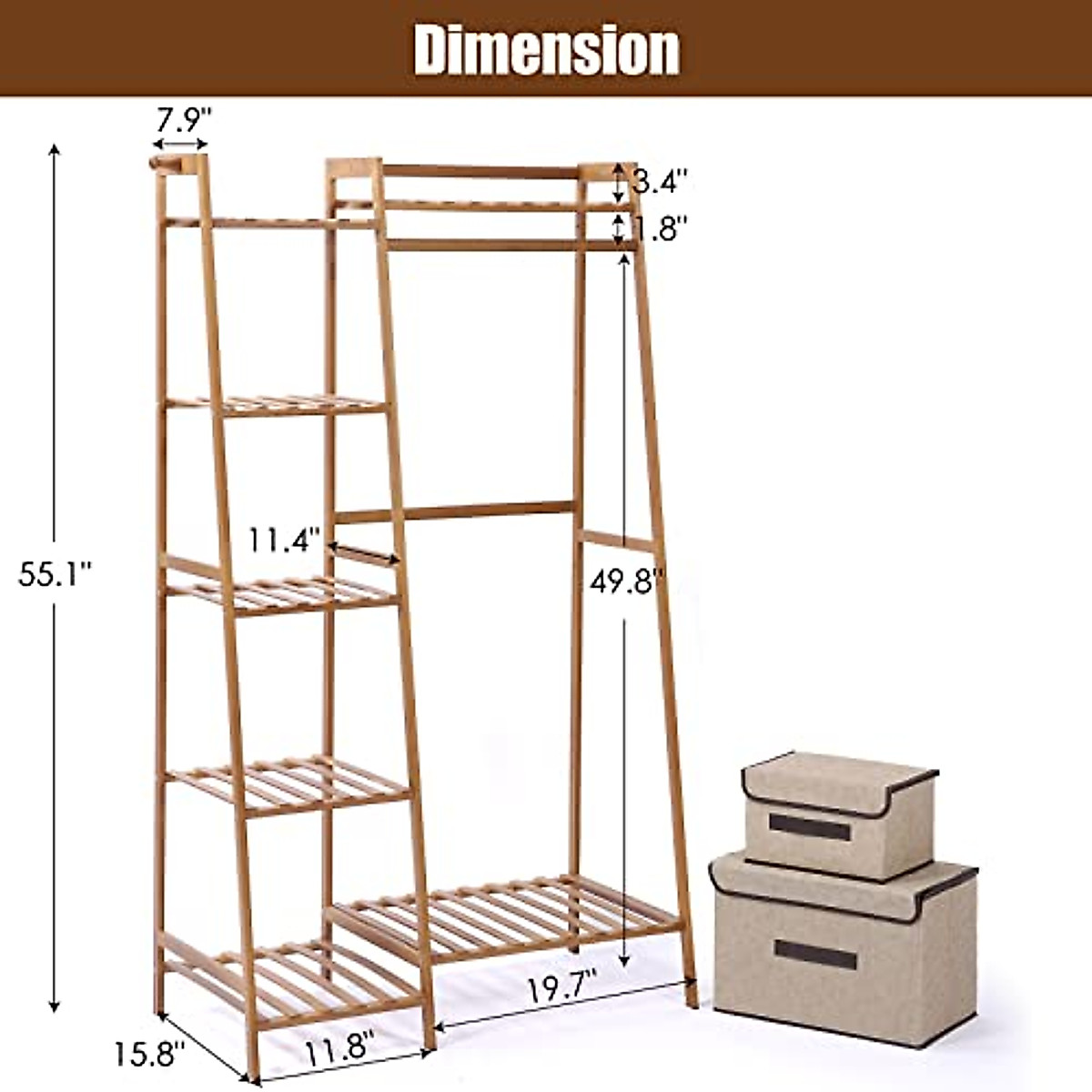 Bamboo Garment Rack with Shelves, Storage Box Set Included, Clothing Racks with Hooks, Clothes Rack Storage Organizer, Clothes Rack with Shelf, Space Saving Clothes Rack, Multifunctional Plant Rack